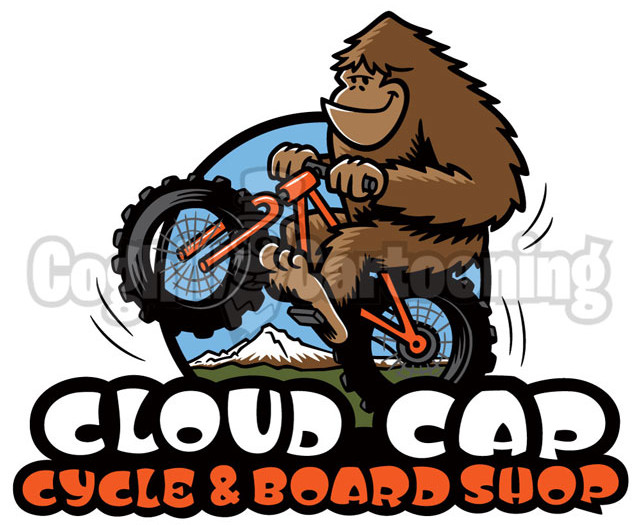 Cartoon Sasquatch on Bicycle Logo • Cloud Cap Cycle & Board